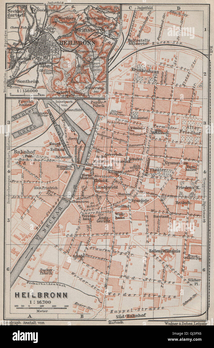 HEILBRONN antique town city stadtplan. Baden-Württemberg karte, 1910 ...
