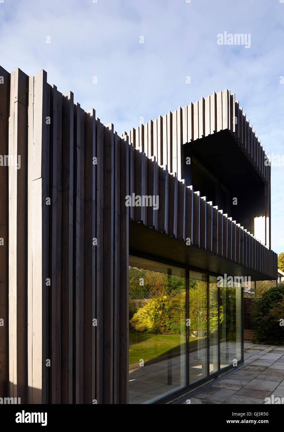 Detail showing dark timber cladding and garden windows. Paired House ...