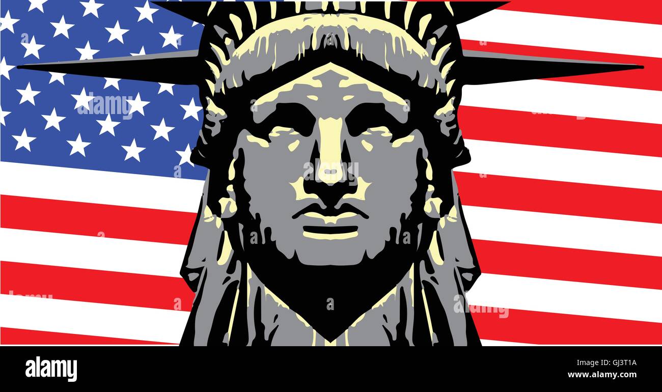 The face of the Statue of Liberty over the Stars and Stripes flag Stock ...