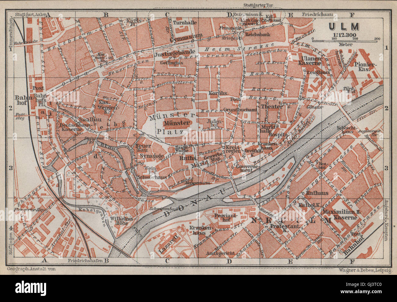 ULM antique town city stadtplan. Baden-Württemberg karte. BAEDEKER ...