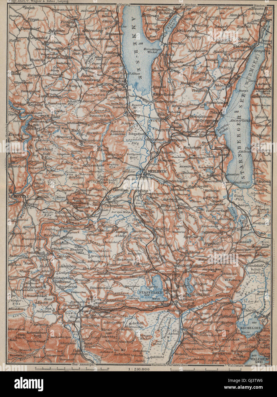 STARNBERGERSEE & AMMERSEE. Weilheim Schongau Murnau Starnberg karte ...
