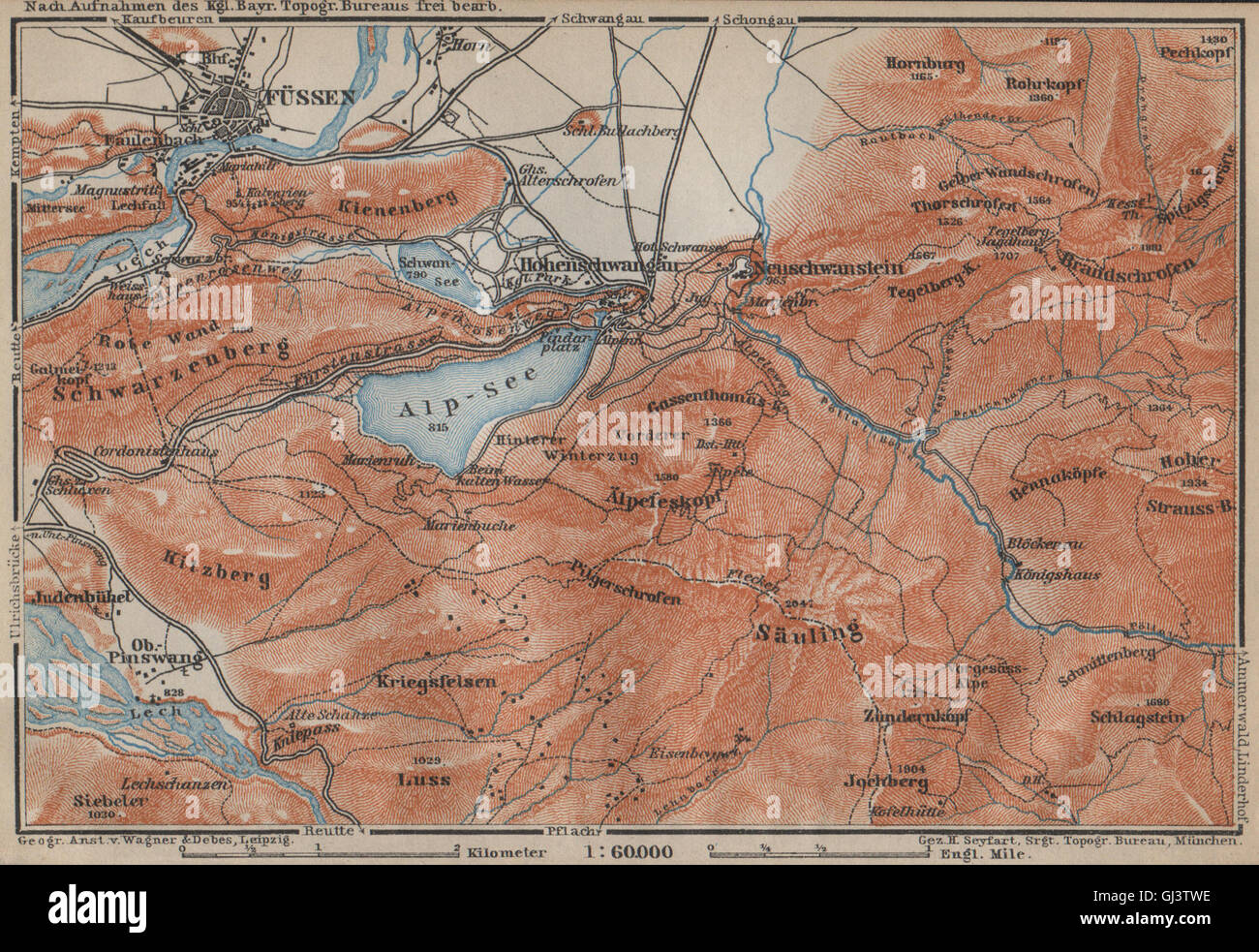 HOHENSCHWANGAU & FÜSSEN environs. Alpsee Deutschland Österreich karte ...