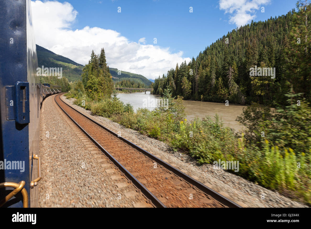 A view of the Thompson River Rocky Mountaineer train Canada Stock Photo ...