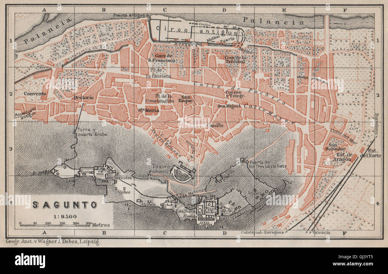 SAGUNTO antique town city ciudad plan. Spain España mapa. BAEDEKER ...
