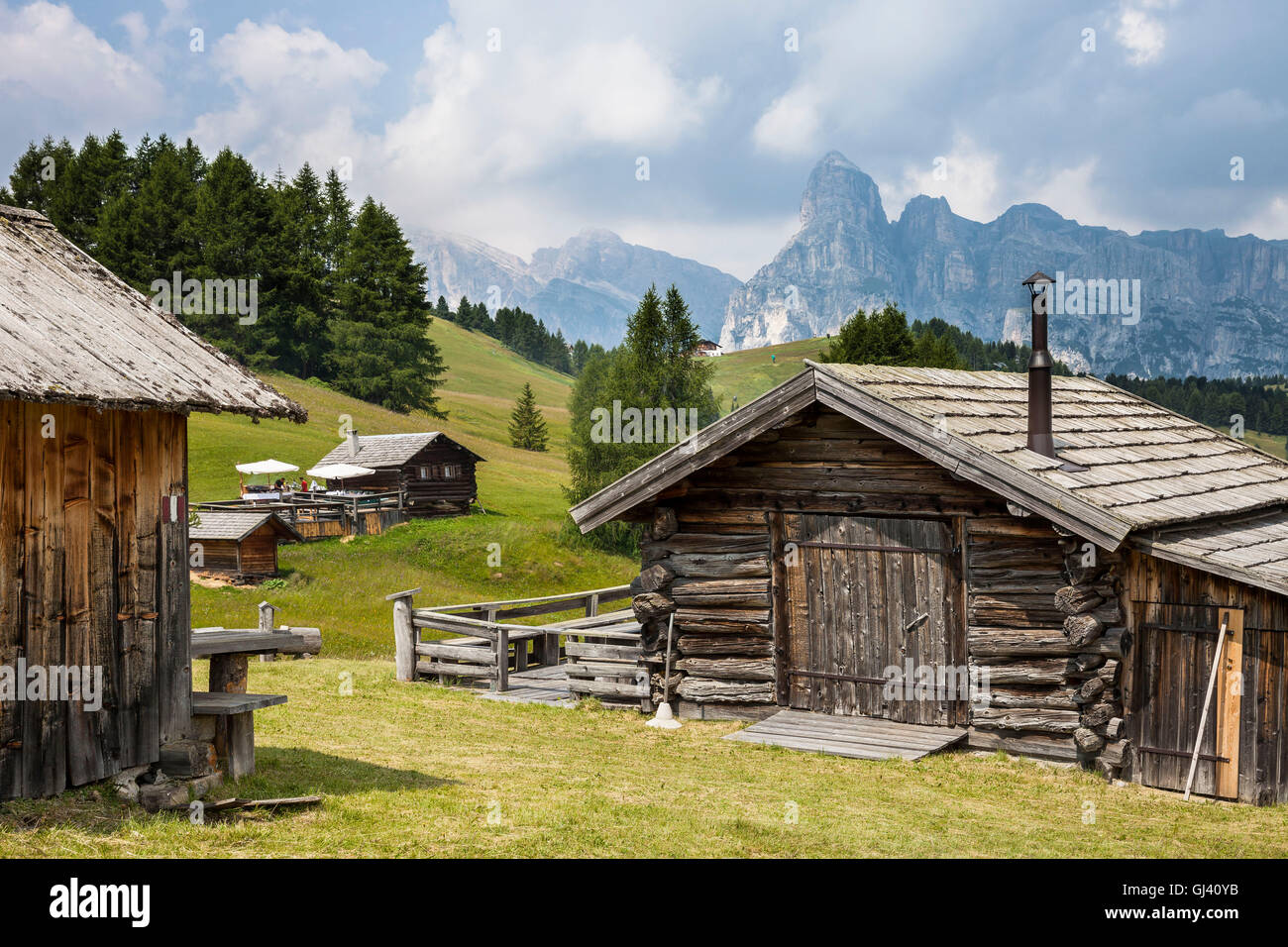 Alpine huts at the plateau of the Pralongia, St. Kassian, Val Badia ...