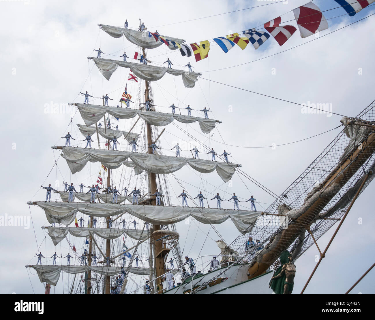 Crew climbing the rigging of Mexican navy training ship, Cuauhtemoc ...