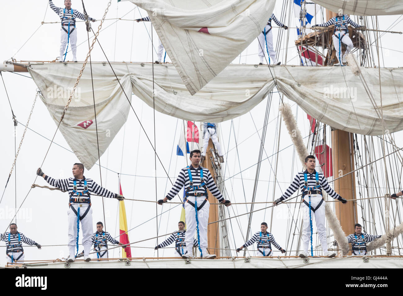 Crew climbing the rigging of Mexican navy training ship, Cuauhtemoc ...