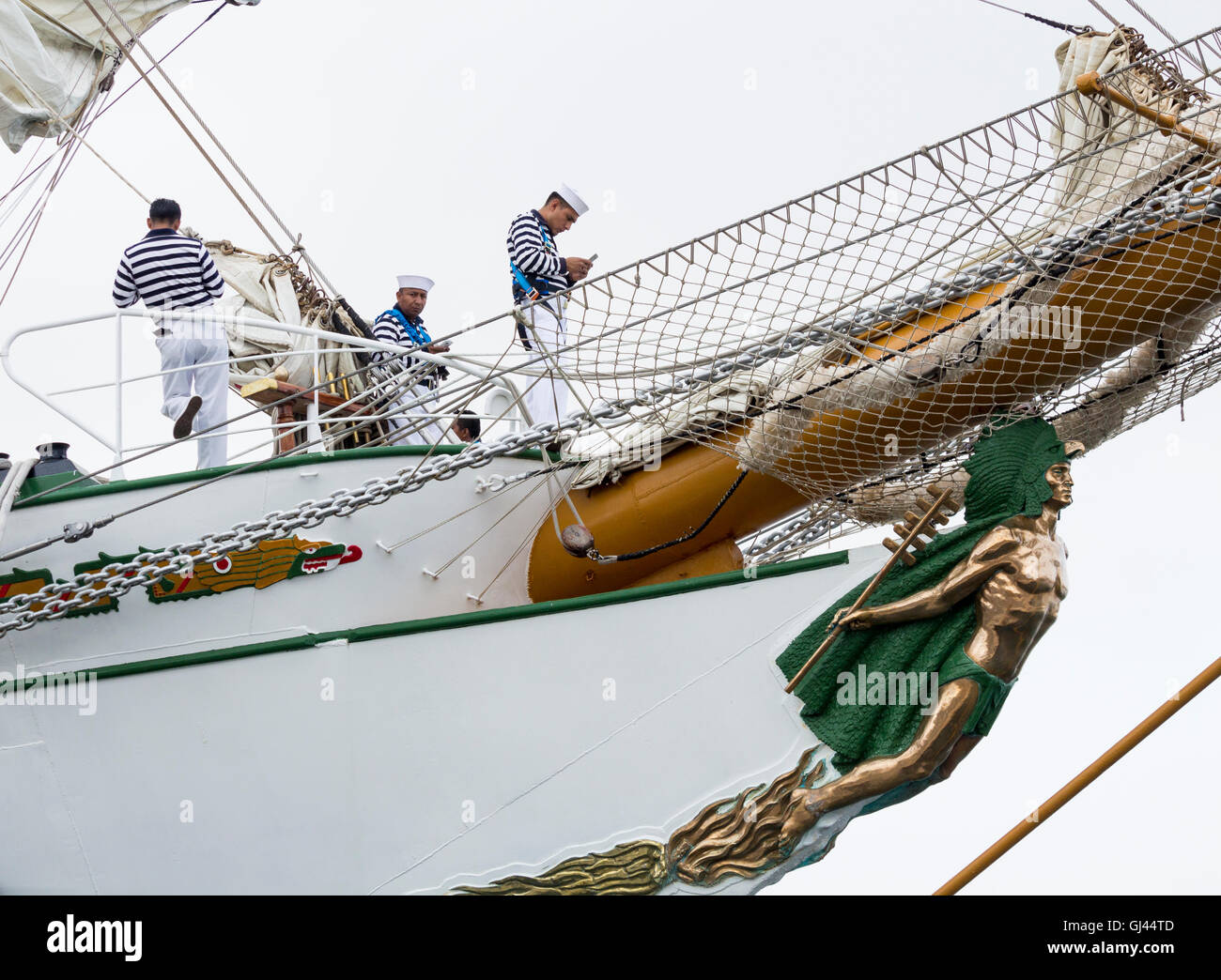 Crew climbing the rigging of Mexican navy training ship, Cuauhtemoc ...