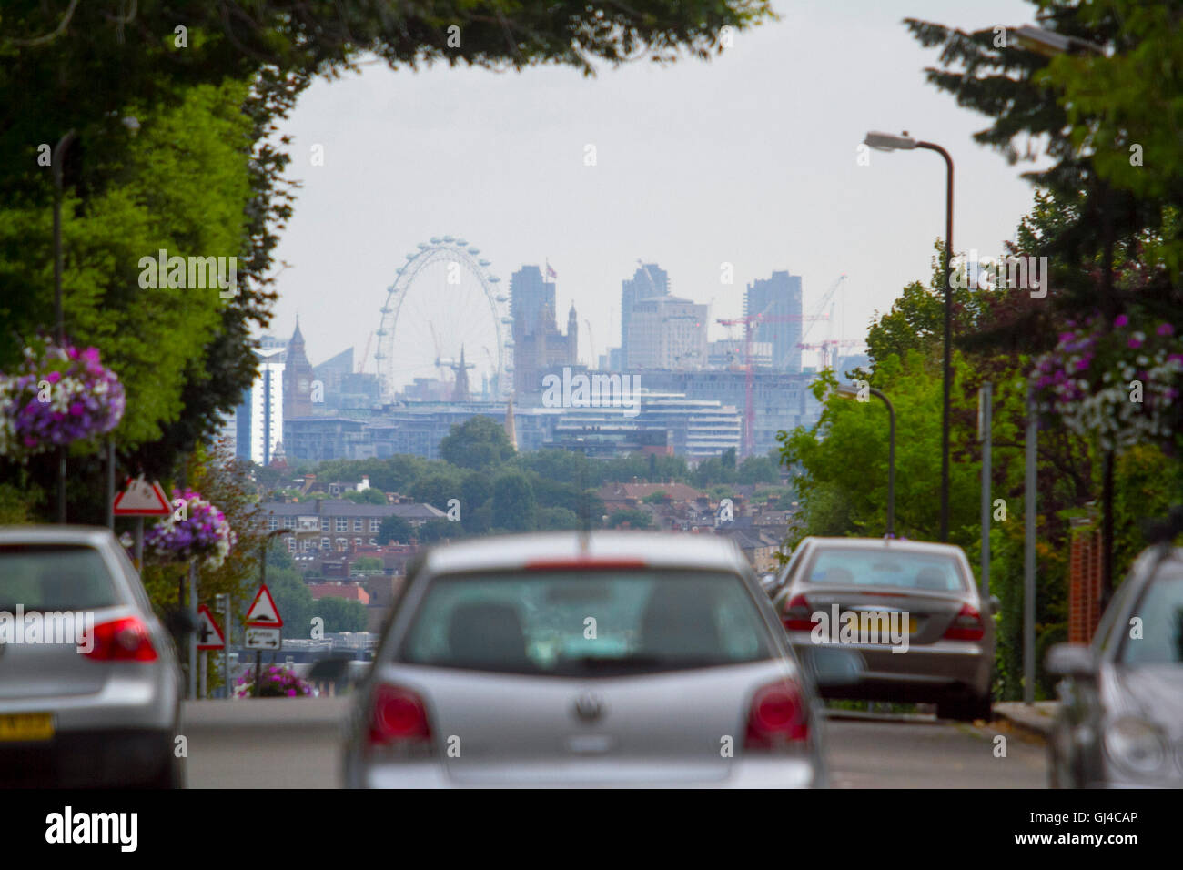 London, UK. 13th Aug, 2016. London Eye and city skyline seen from a ...
