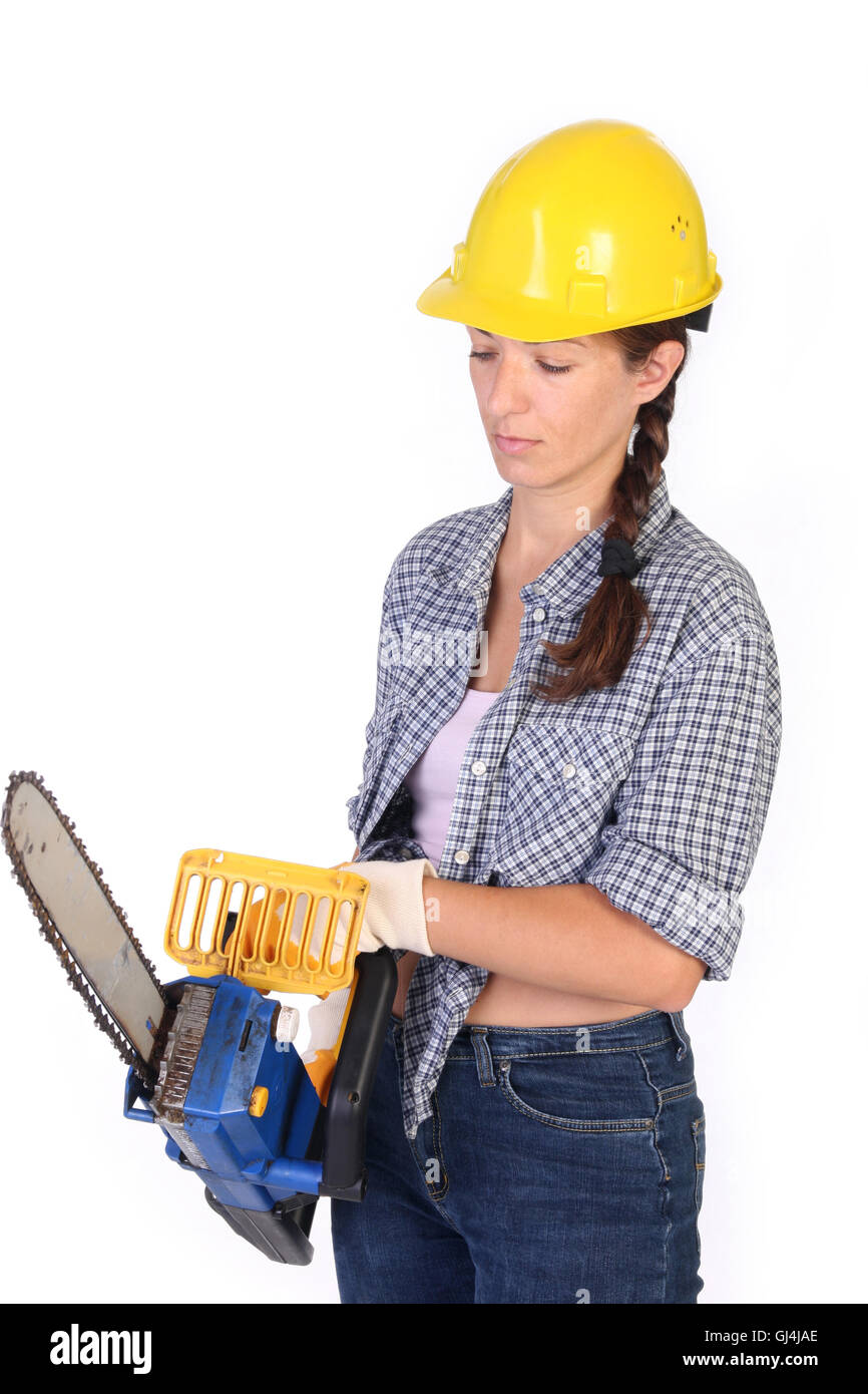 Beauty woman with chainsaw Stock Photo - Alamy