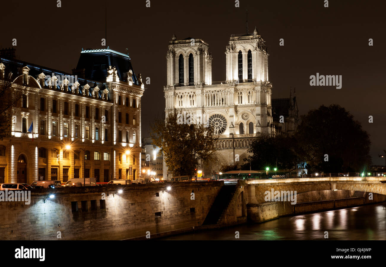landscape view of the front of Notre-Dame Cathedral, Paris, France ...