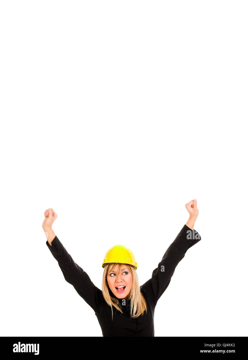 A businesswoman with happy hands raised Stock Photo - Alamy