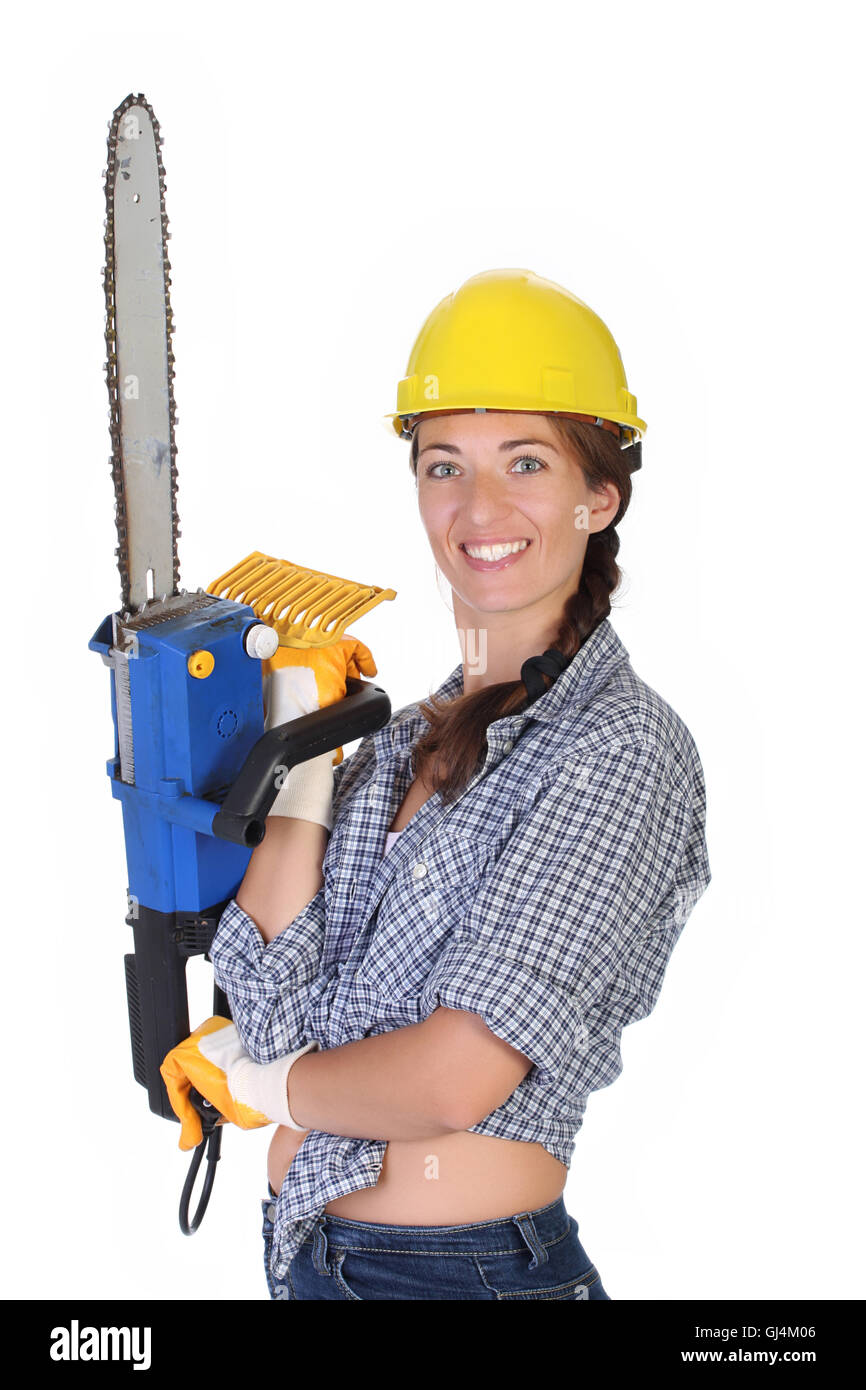 Beauty woman with chainsaw Stock Photo - Alamy