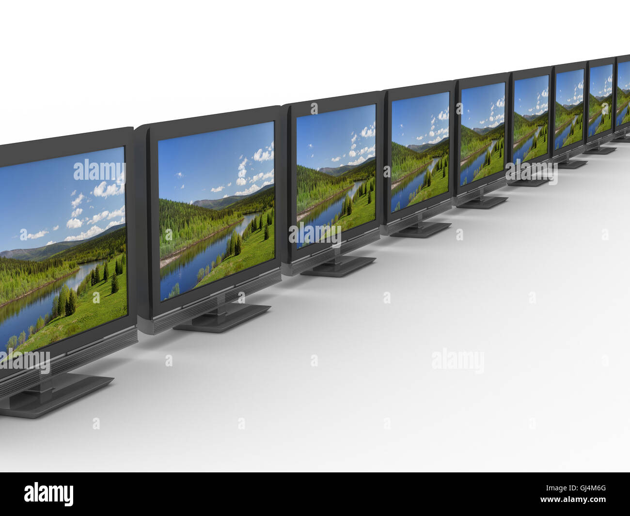 Row TV on white background. Isolated 3D image Stock Photo - Alamy