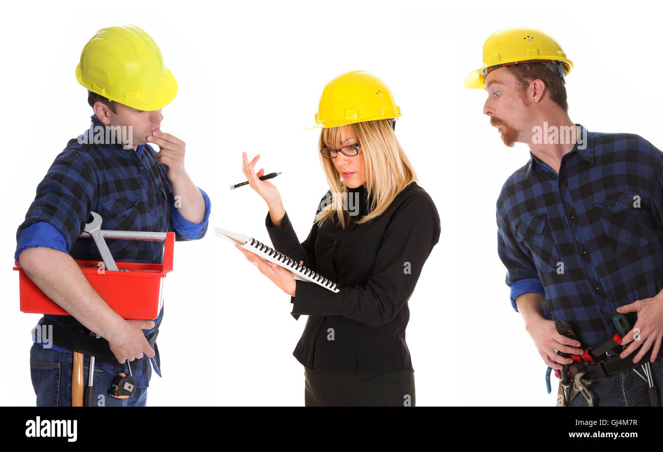angry businesswoman and construction workers Stock Photo - Alamy