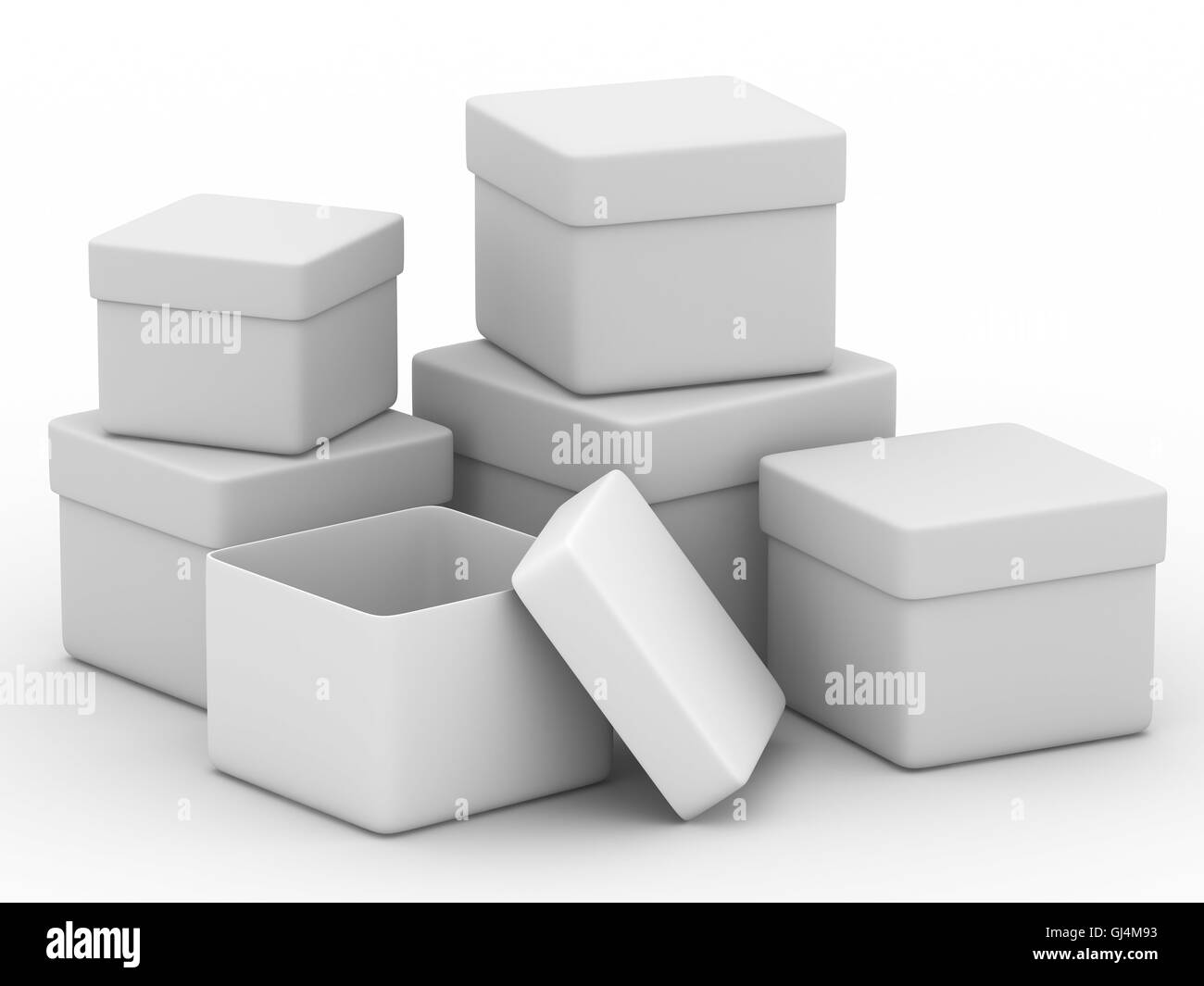 Six boxes on white background. Isolated 3D image Stock Photo - Alamy