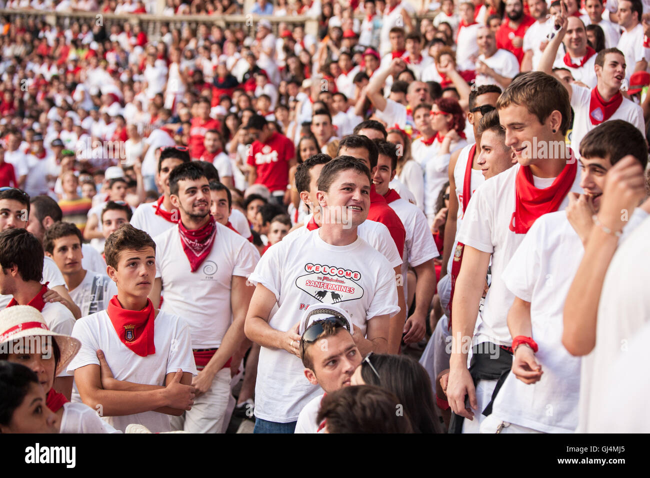 Famous bull running through streets of Pamplona,Spain.July festival ...