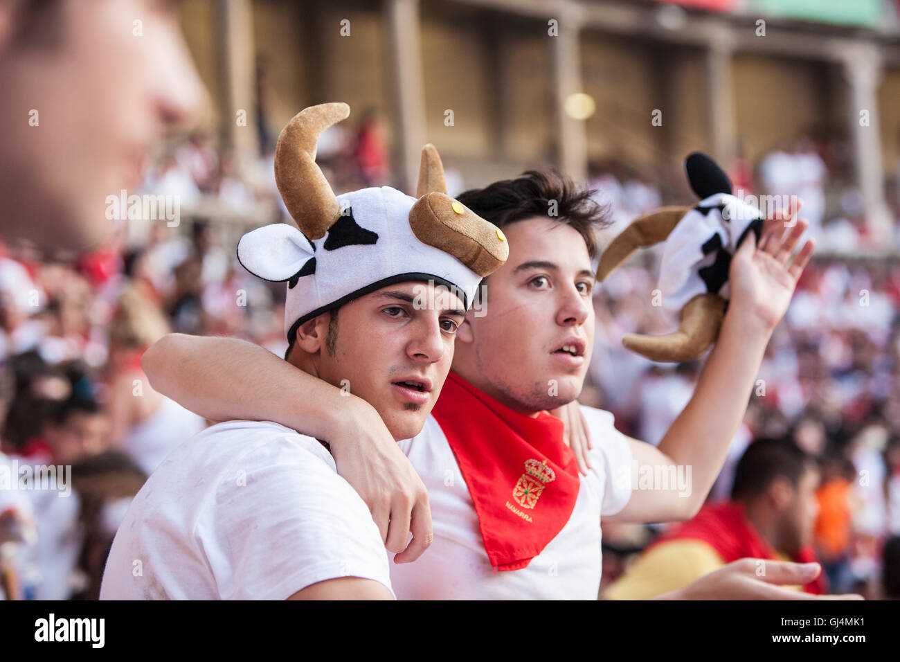 Famous bull running through streets of Pamplona,Spain.July festival ...