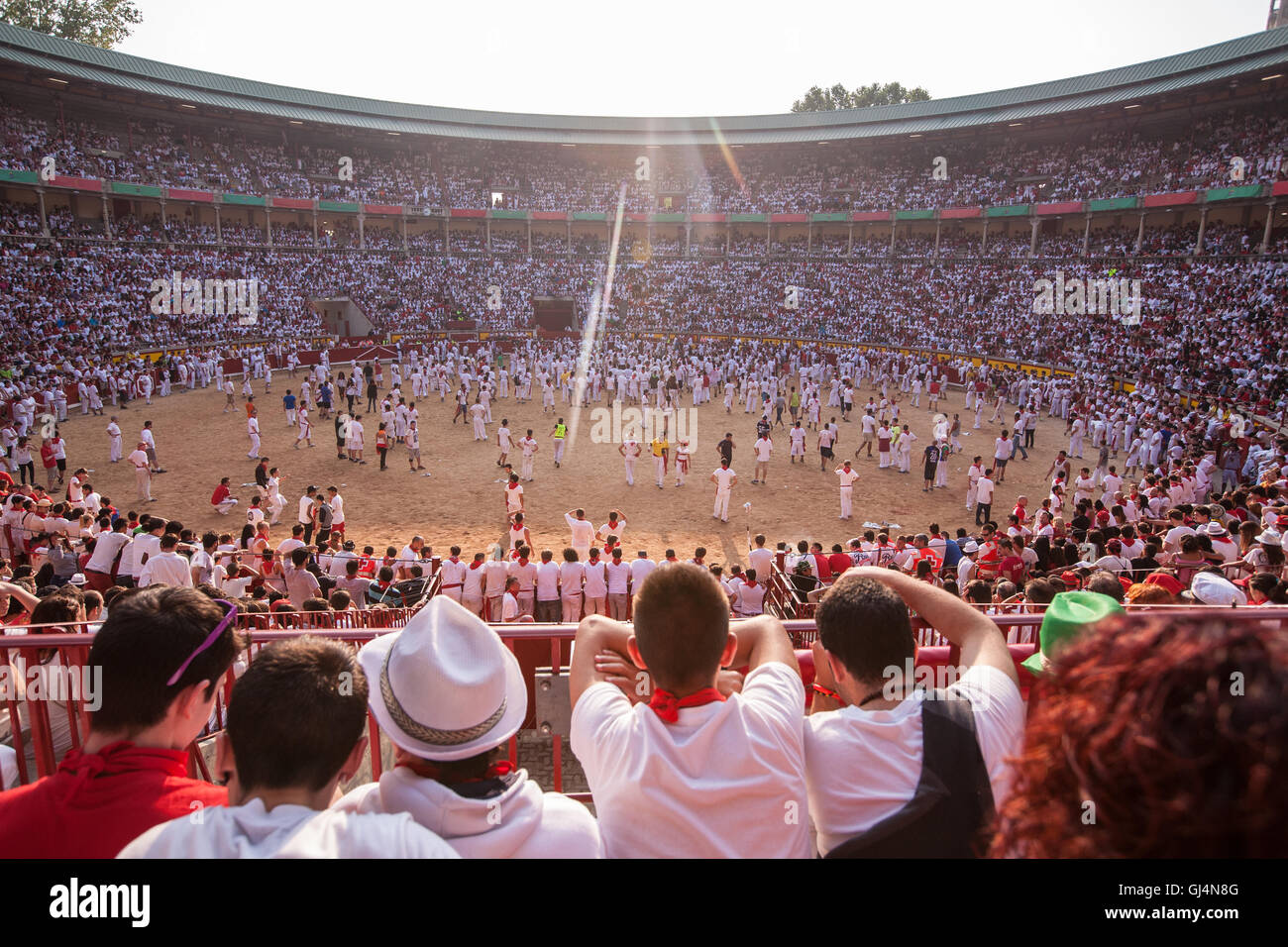 Famous bull running through streets of Pamplona,Spain.July festival ...