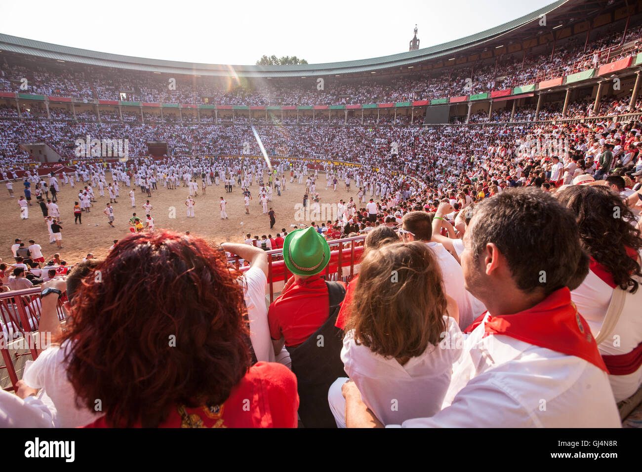 Famous bull running through streets of Pamplona,Spain.July festival ...