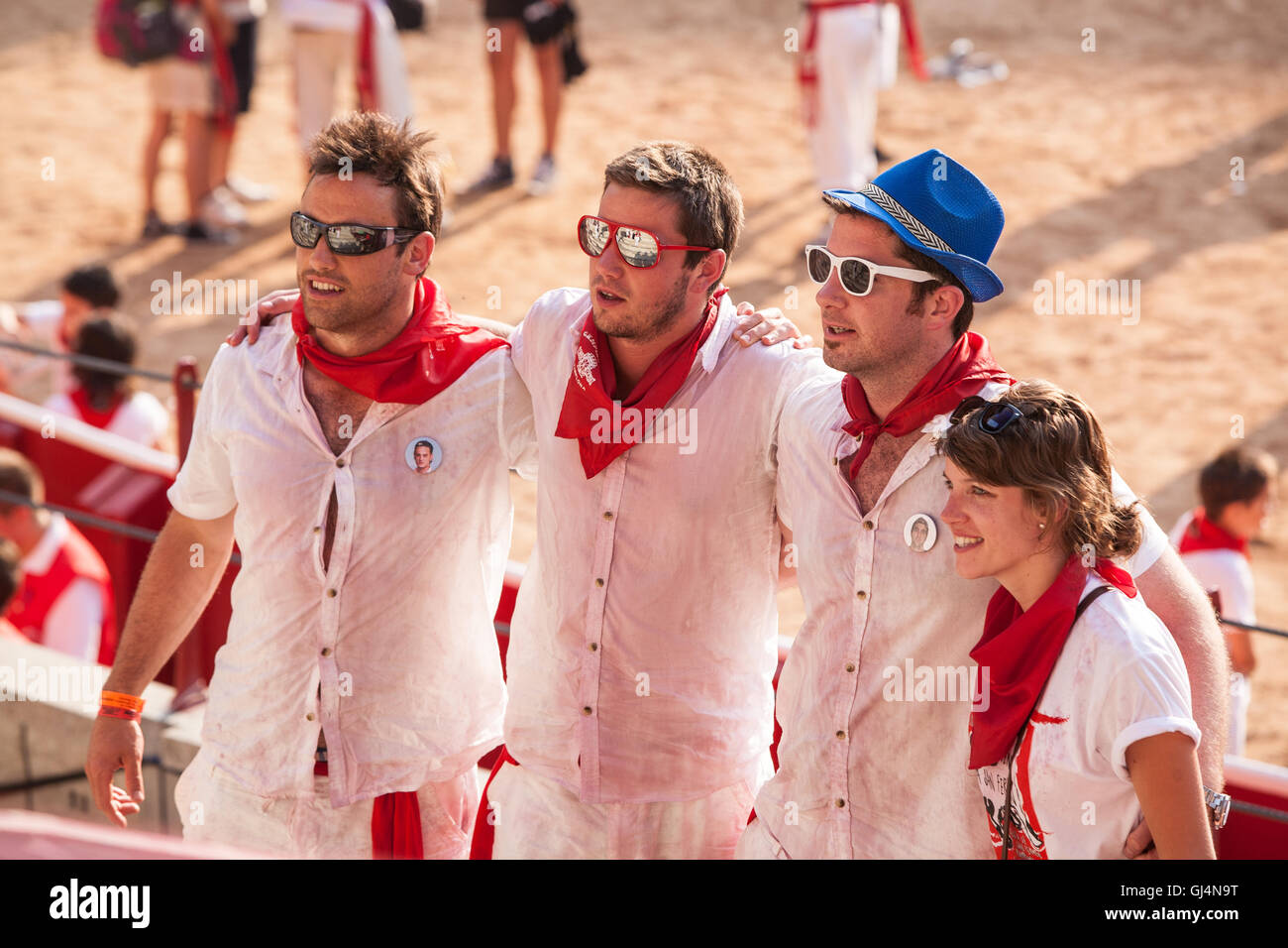 Famous bull running through streets of Pamplona,Spain.July festival ...