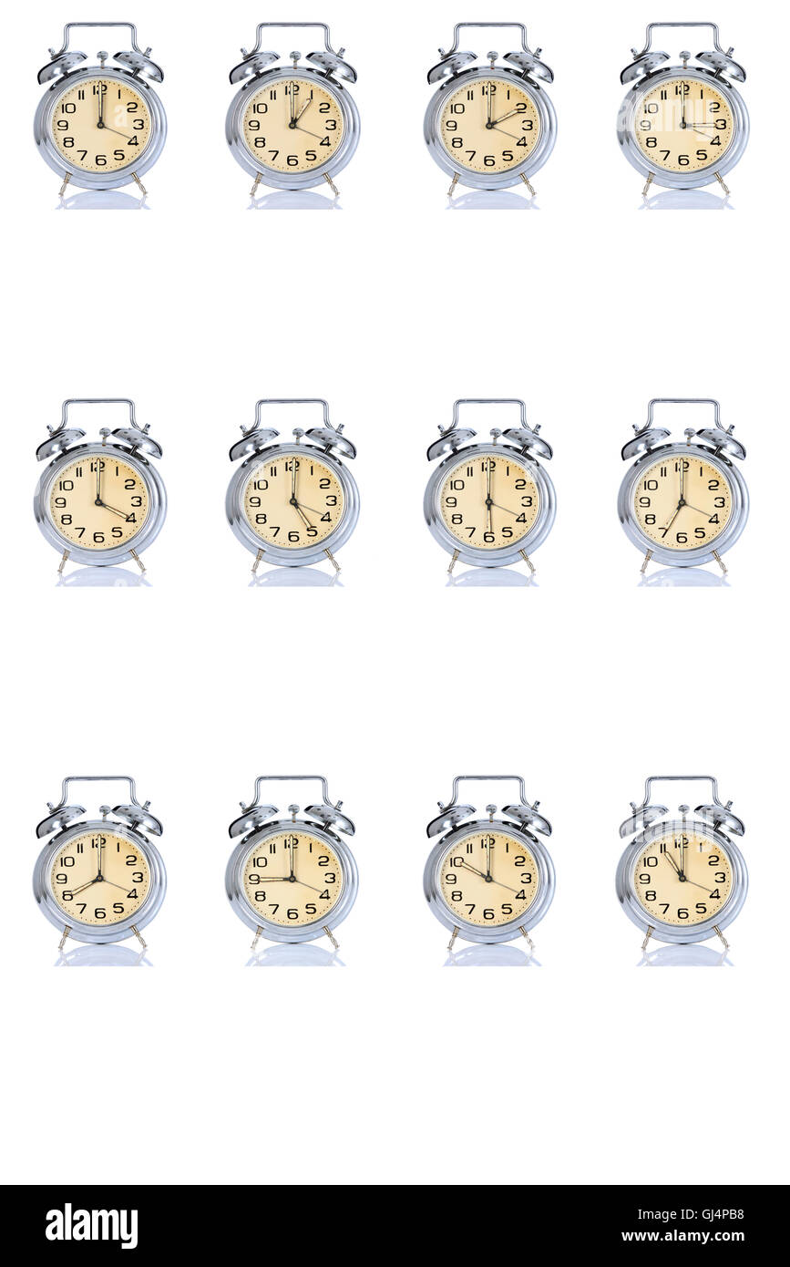 group of alarm clock with times 12 clock Stock Photo - Alamy