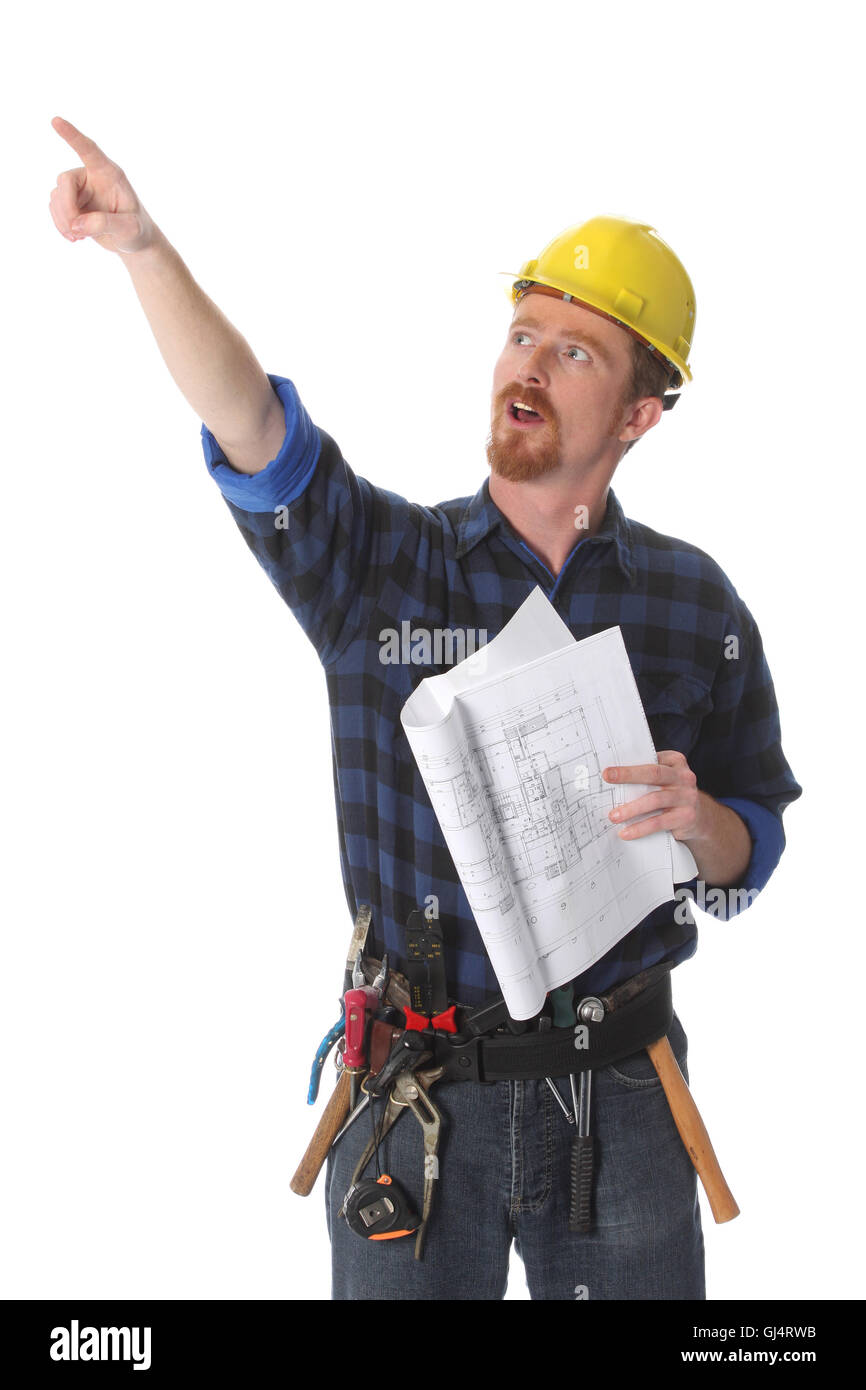 construction worker pointing on architectural plans Stock Photo - Alamy