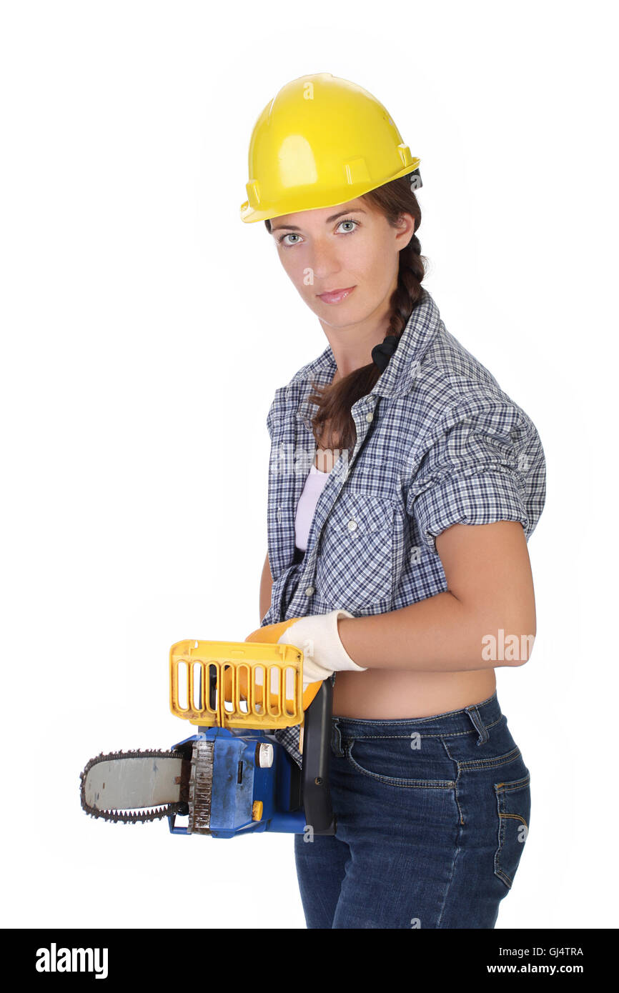 Beauty woman with chainsaw Stock Photo - Alamy