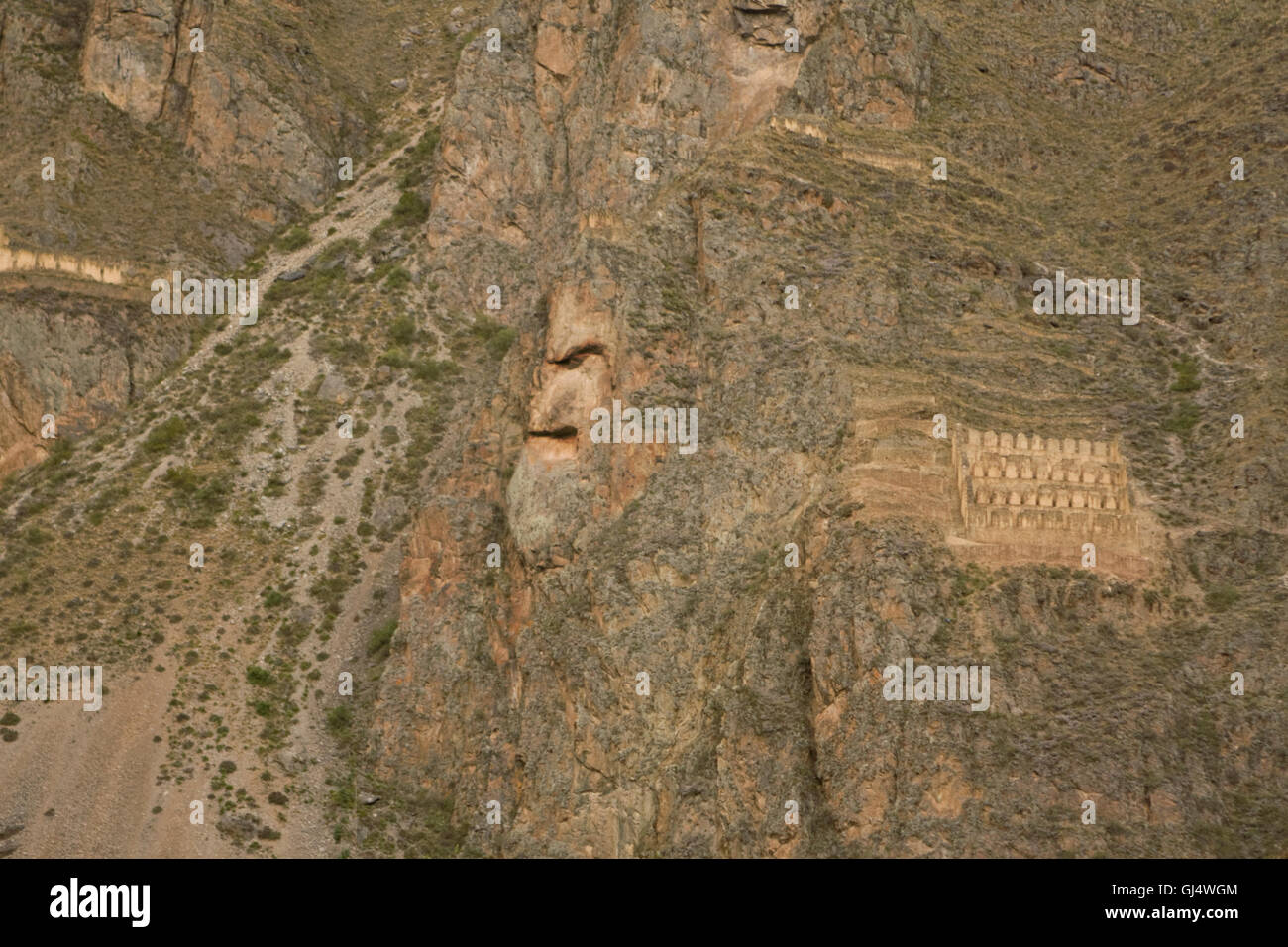 Rock face of Inca God in Ollantaytambo ruins Stock Photo - Alamy