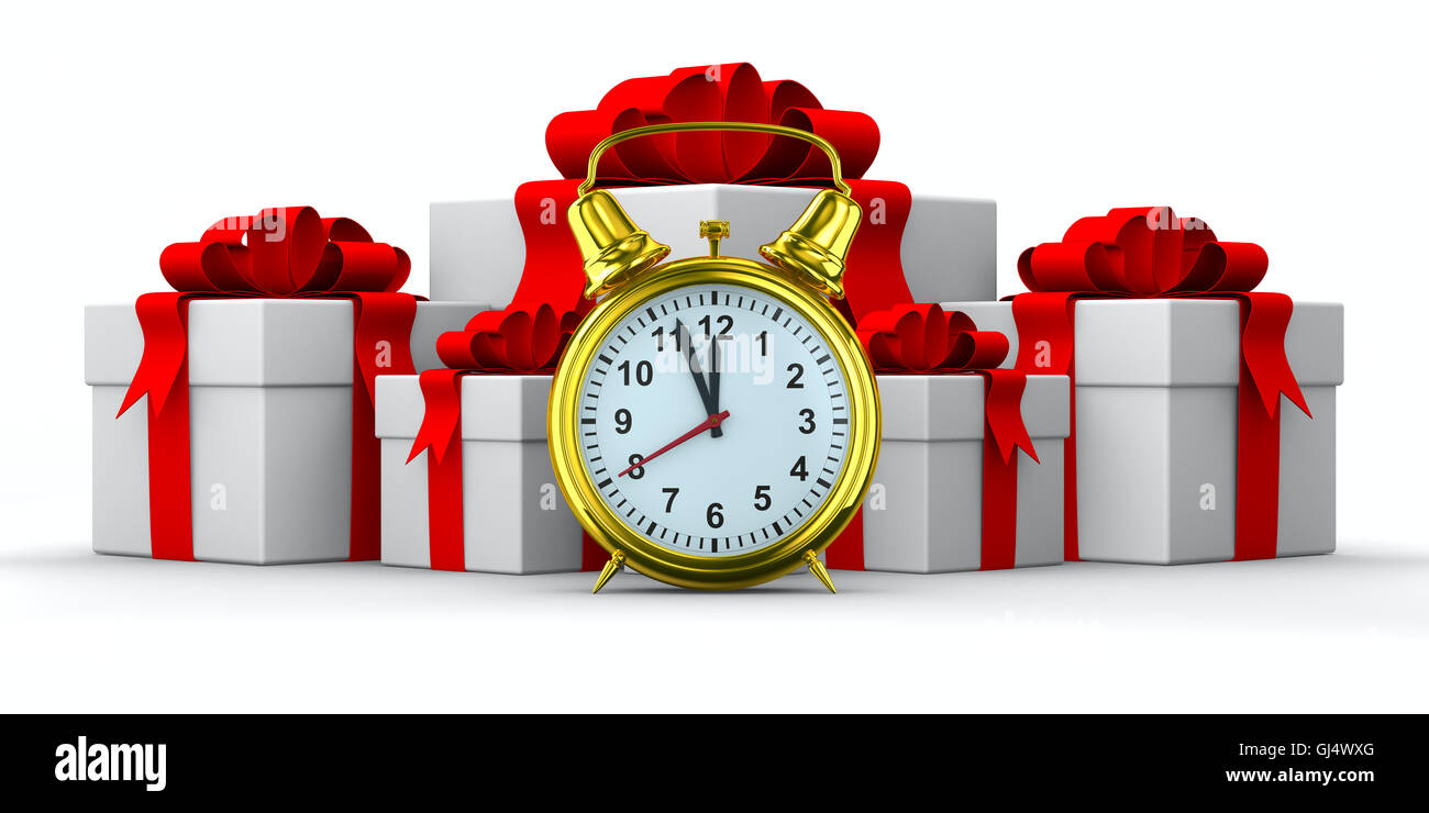 alarm clock and white gift box. Isolated 3D image Stock Photo - Alamy