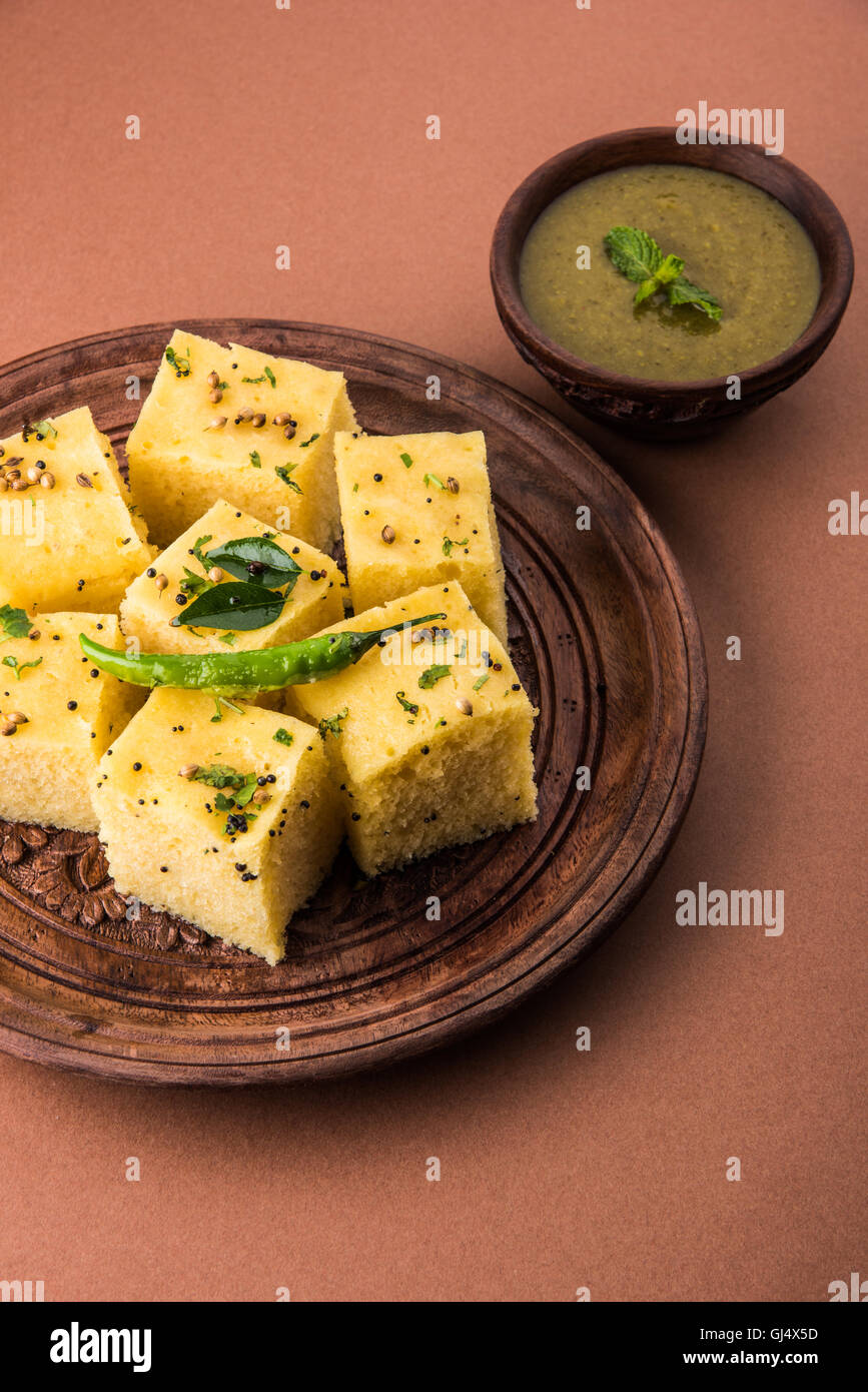 favourite Gujrati snack, khaman Dhokla made up of gram flour, semolina ...