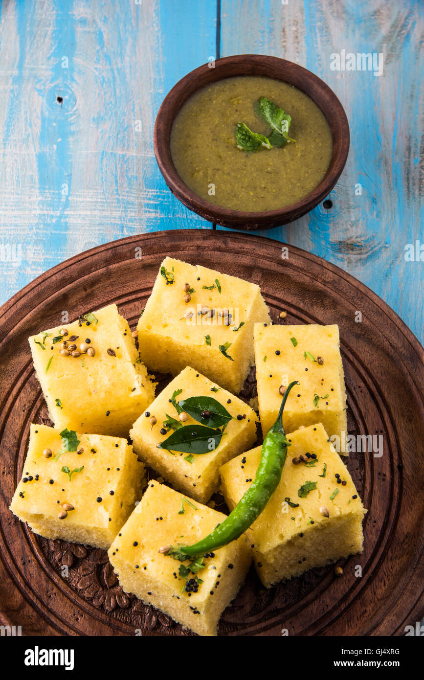 favourite Gujrati snack, khaman Dhokla made up of gram flour, semolina ...