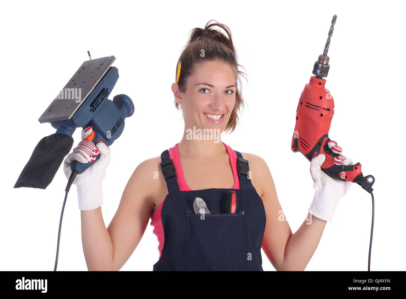 Beauty woman with auger and sander Stock Photo - Alamy