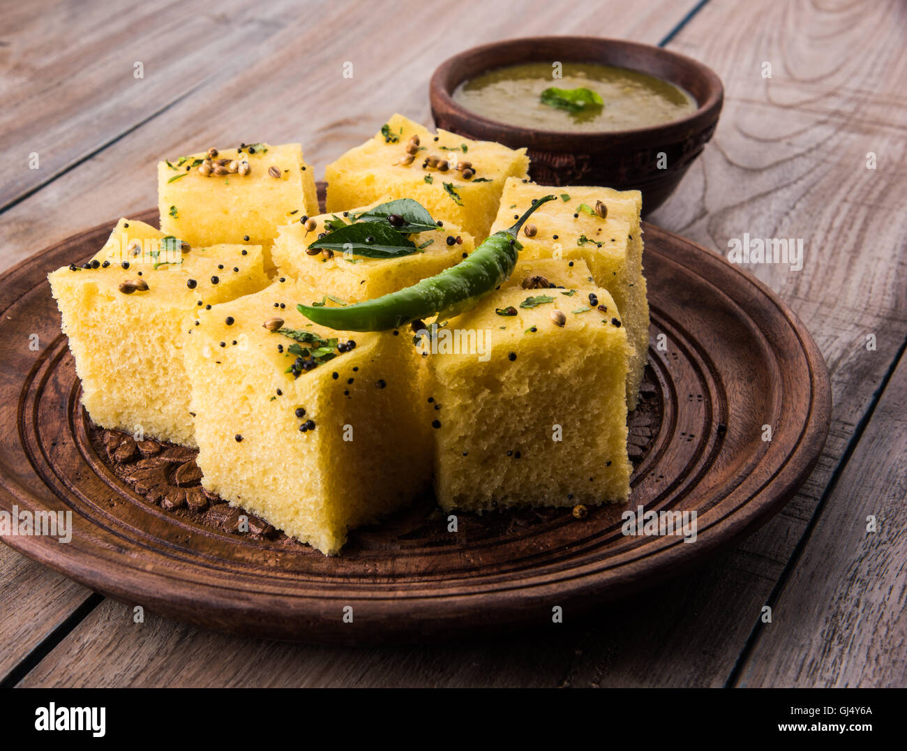 favourite Gujrati snack, khaman Dhokla made up of gram flour, semolina ...