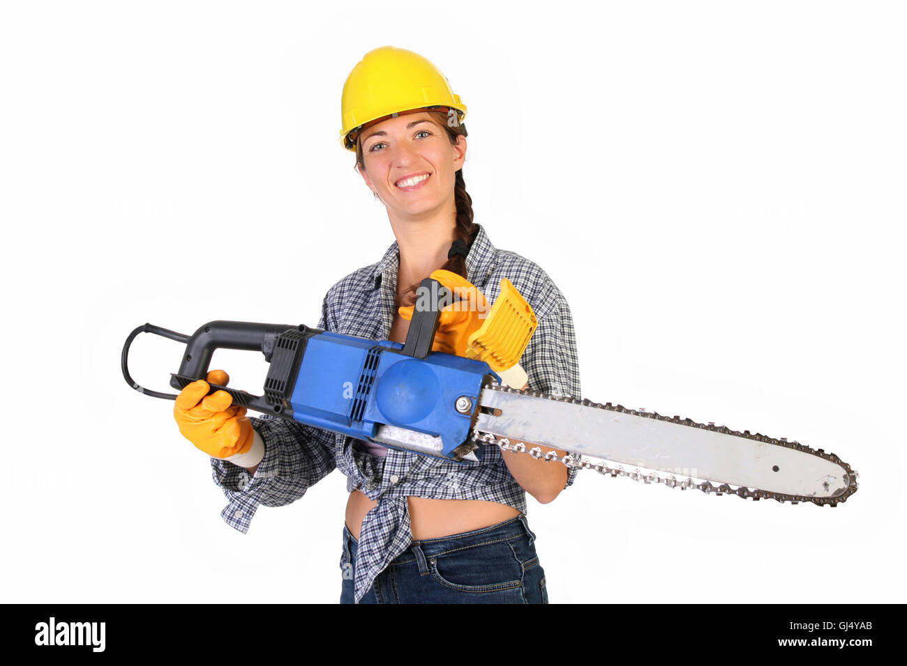 Beauty woman with chainsaw Stock Photo - Alamy