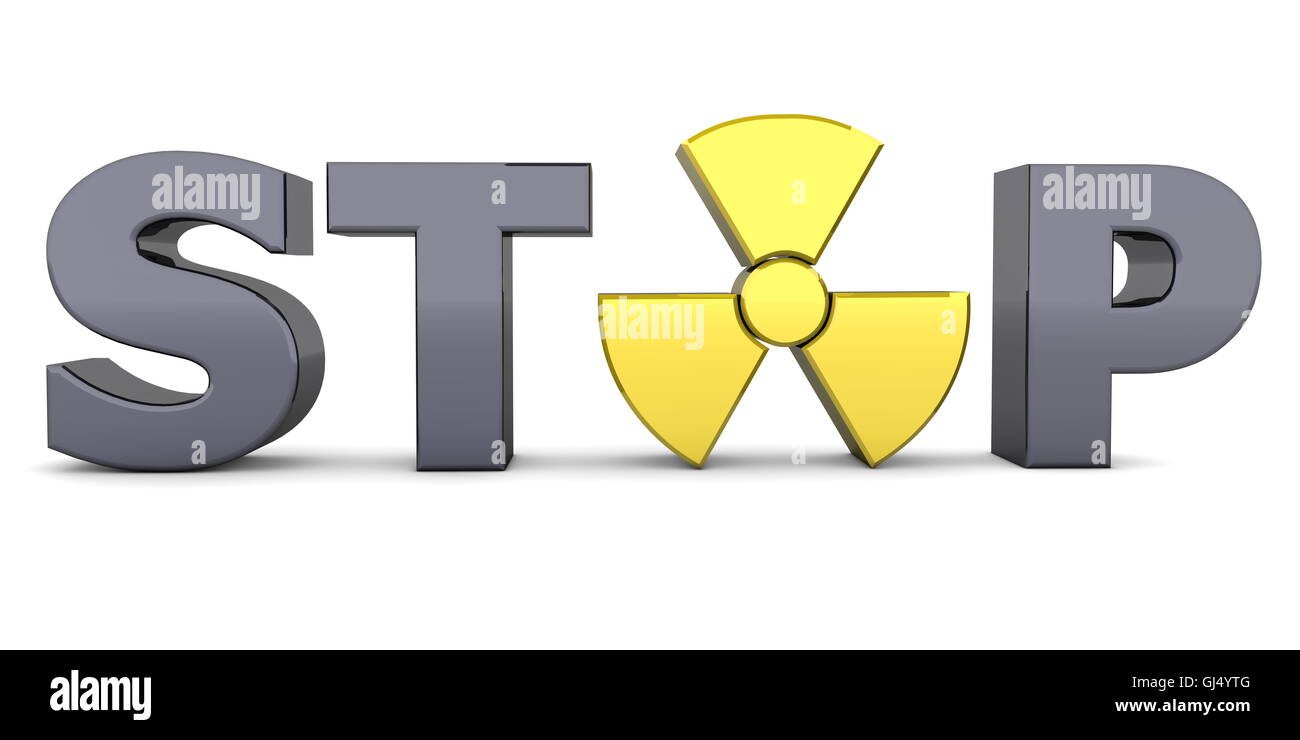 Black Word Stop - Yellow Nuclear Symbol Stock Photo - Alamy