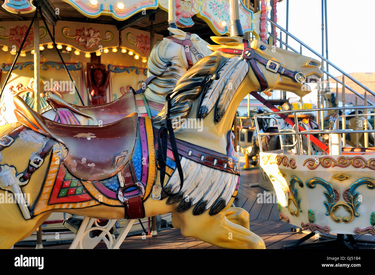carousel with wooden horses decoration typical Camargue Saintes-Maries ...