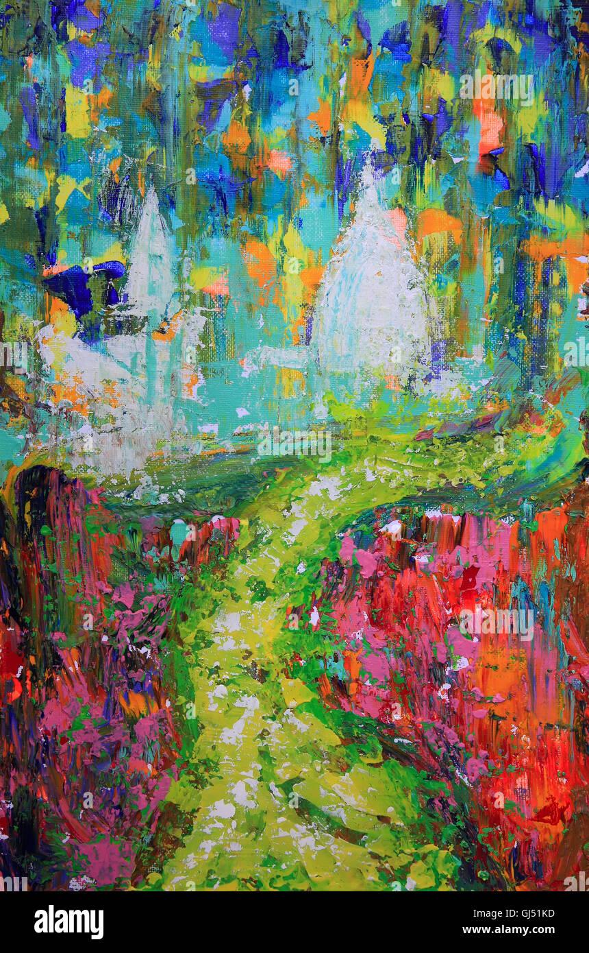 Abstract art painting of the way and churches Stock Photo - Alamy