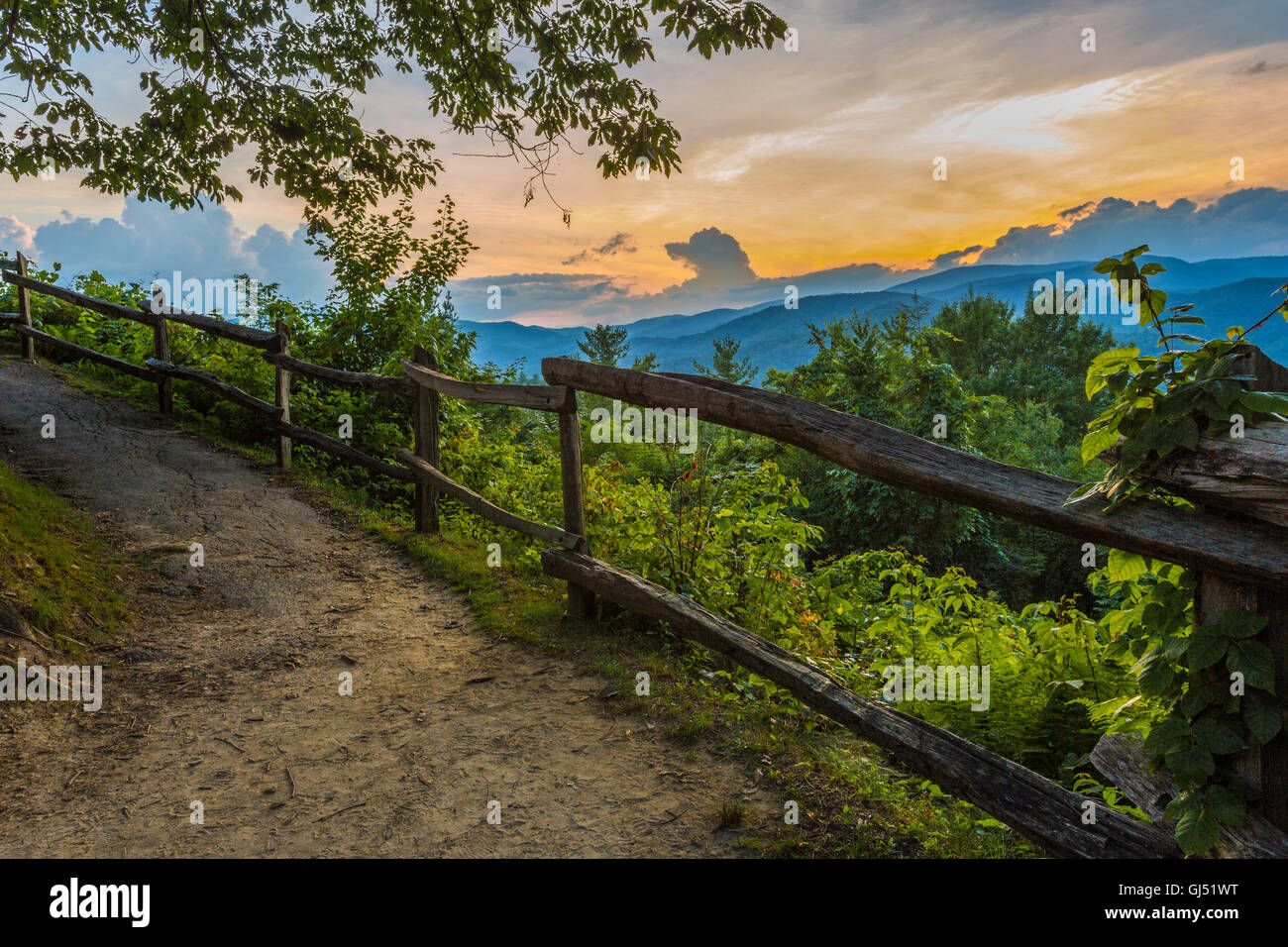 Fenced path leads to high lookout over valley in Cataloochee area of ...