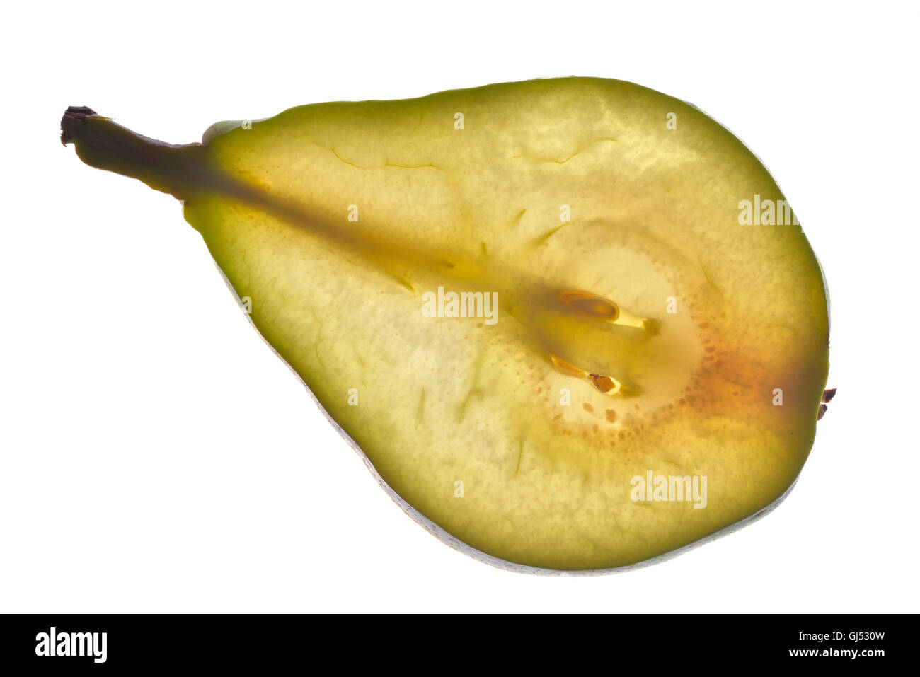 Slice of pear isolated on white background in counterlight Stock Photo ...