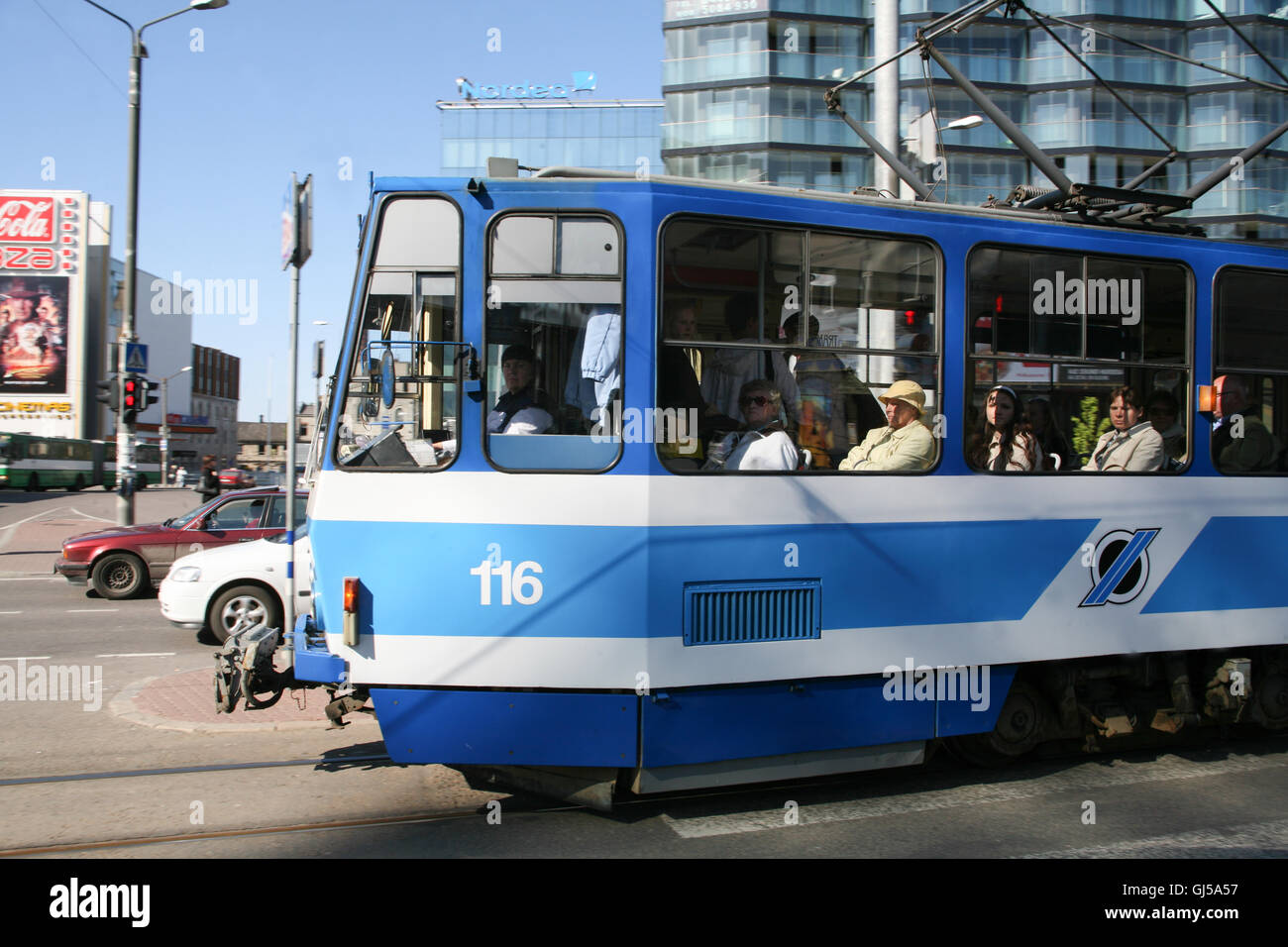 Urban tram on Narva Street, major street in Tallinn, in the central ...