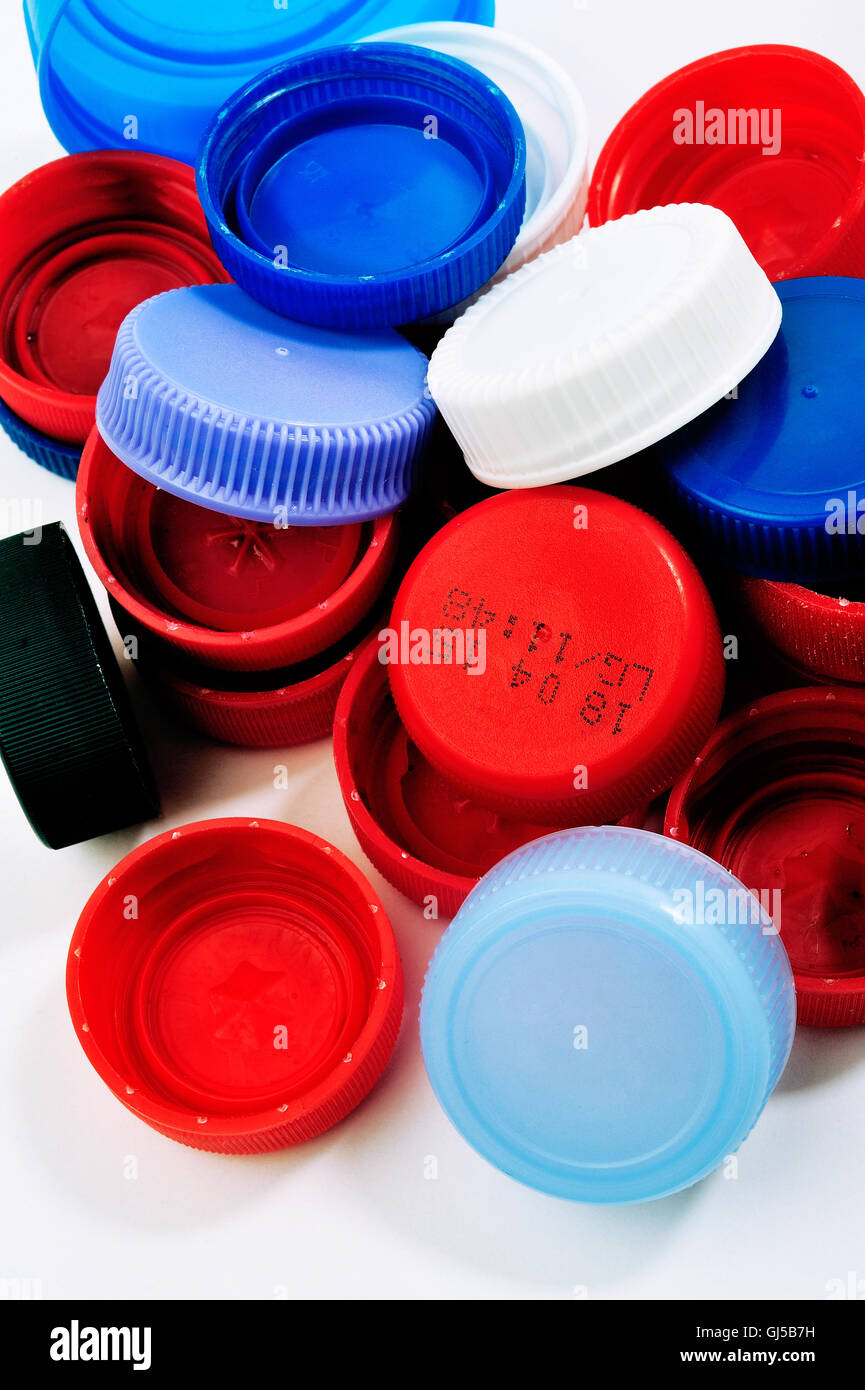 Recovery caps of plastic bottles for recycling Stock Photo - Alamy