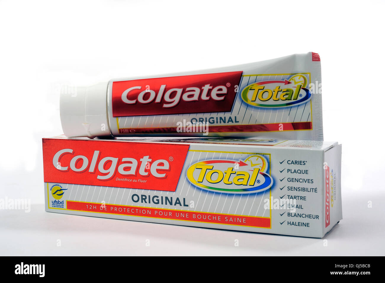 Set of Colgate toothpaste with toothbrush on white background Stock ...