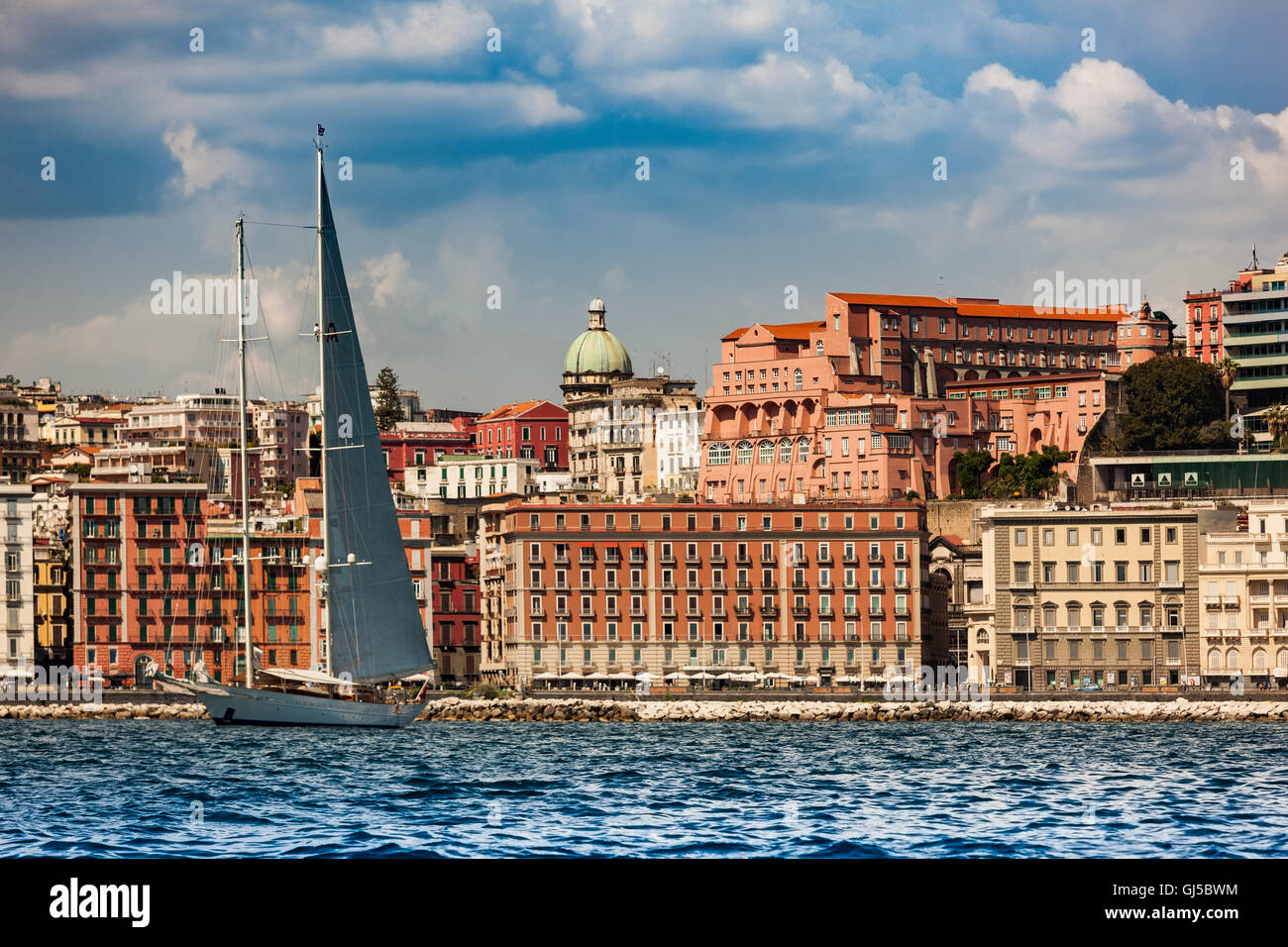 Italy, Naples as seen from the sea. Building facing the sea along via ...