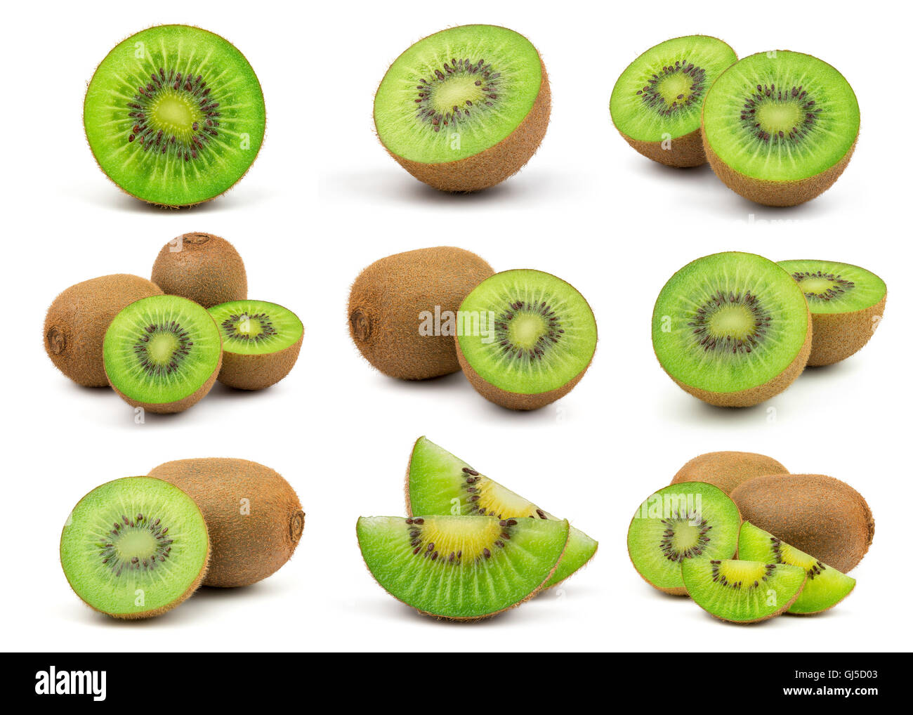 A Set of Perfect Fresh Green Kiwi Fruit Isolated on White Background in ...
