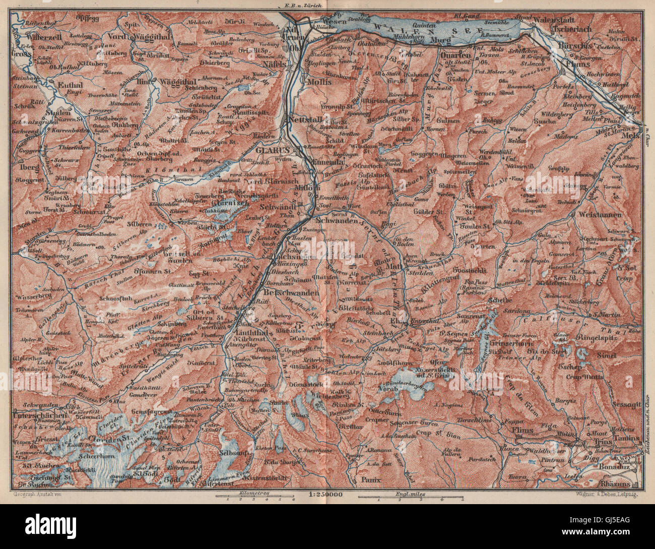 GLARUS CANTON. Flums Braunwald Flims Näfels Walen See Linththal, 1889 ...