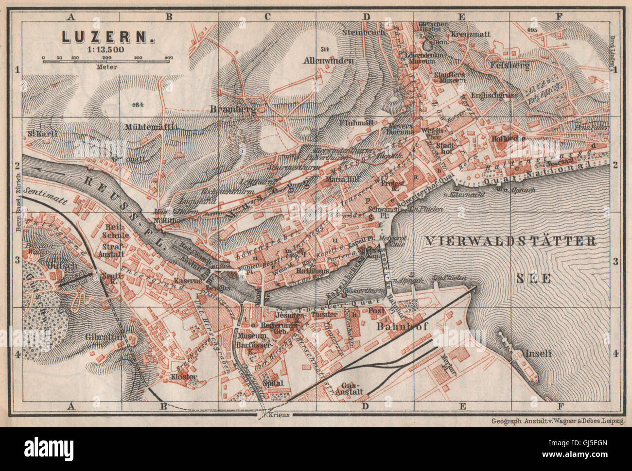 LUCERNE LUZERN. town city stadtplan. Switzerland Suisse Schweiz, 1889 ...