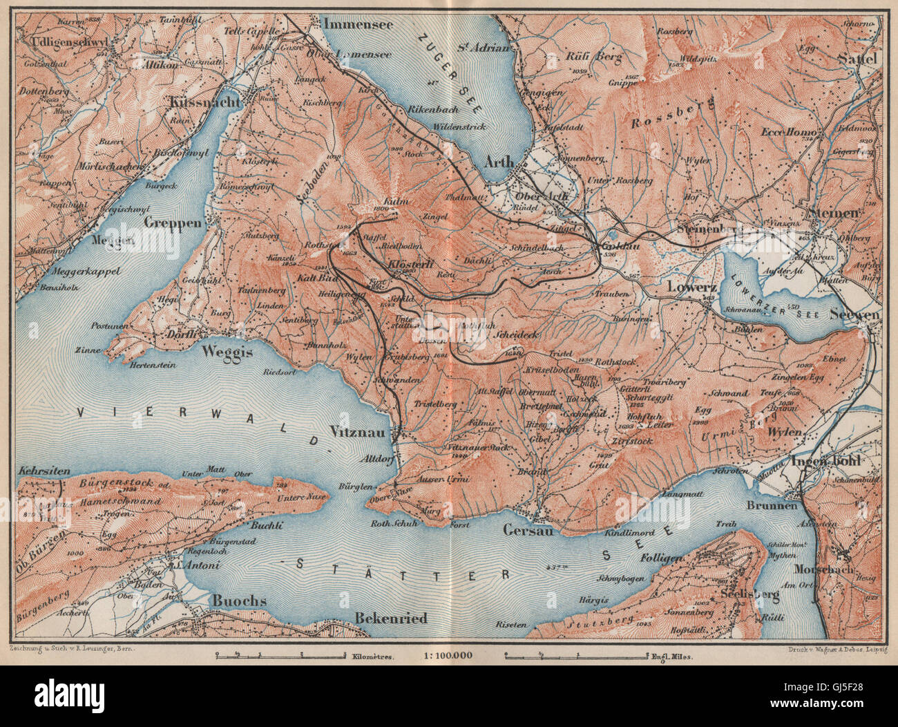 THE RIGI. Vitznau Lowerz Immensee Arth Gersau Bekenried. Topo-map, 1889 ...