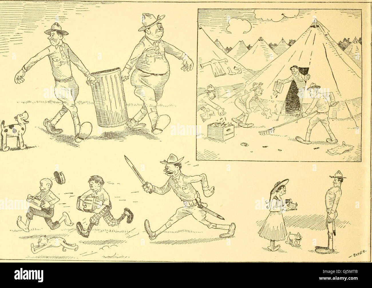 This 1917 book features humorous cartoons depicting military training ...