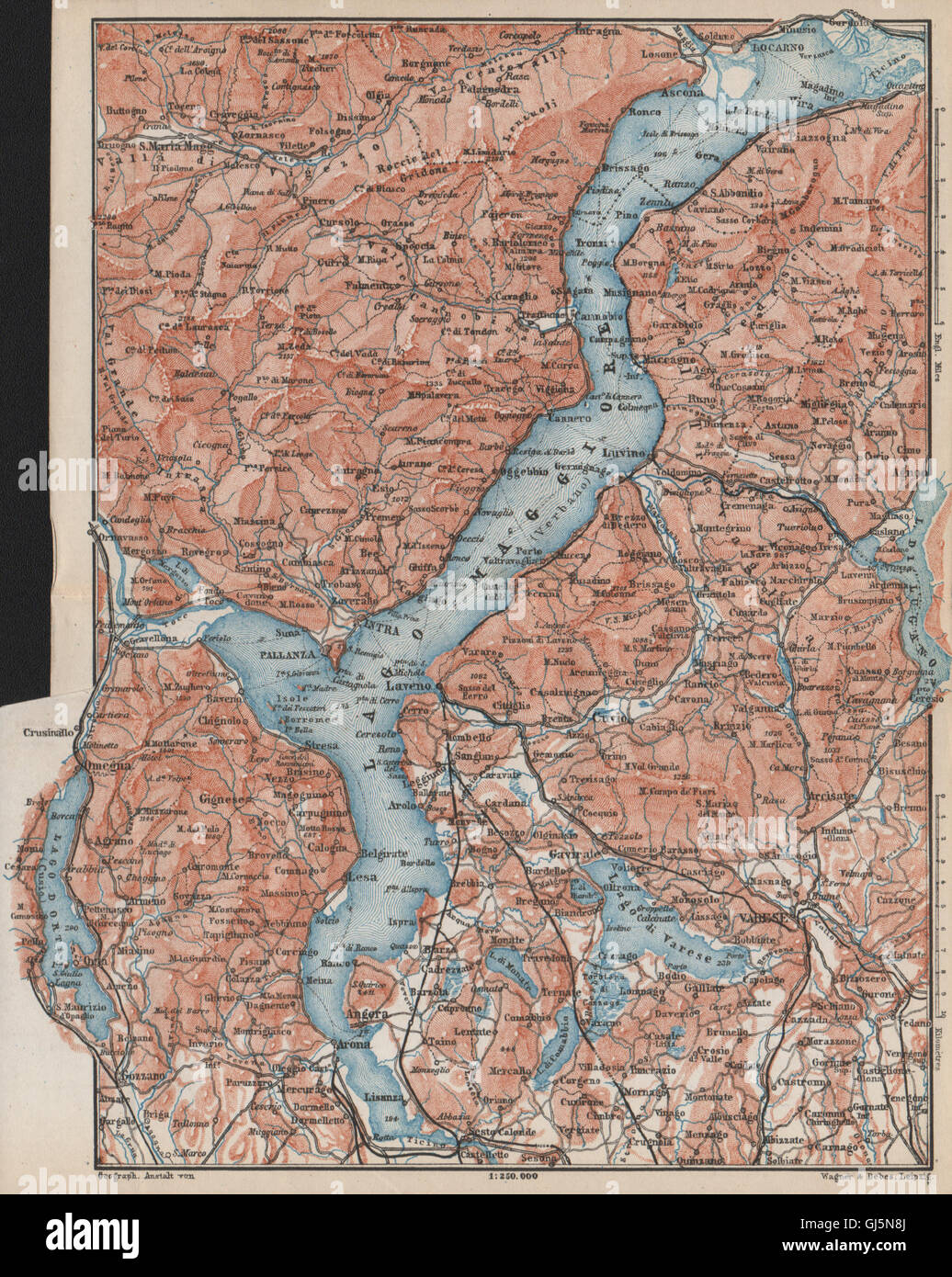 LAGO MAGGIORE. Lake Maggiore. Varese Varesa Pallanza. Topo-map. Italy ...